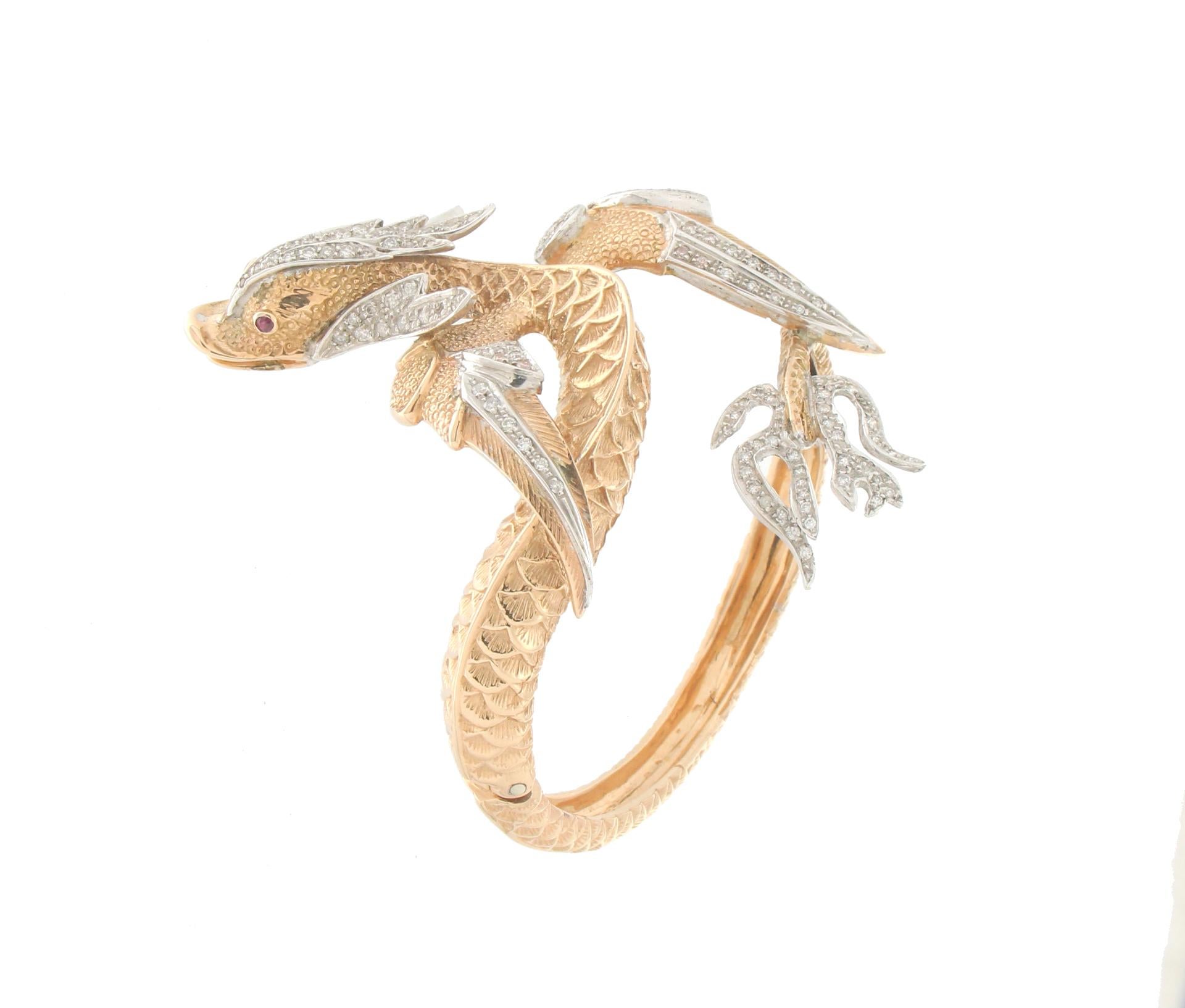 Handcraft Dragon 14 Karat Yellow and White Gold Diamonds Bangle ...
