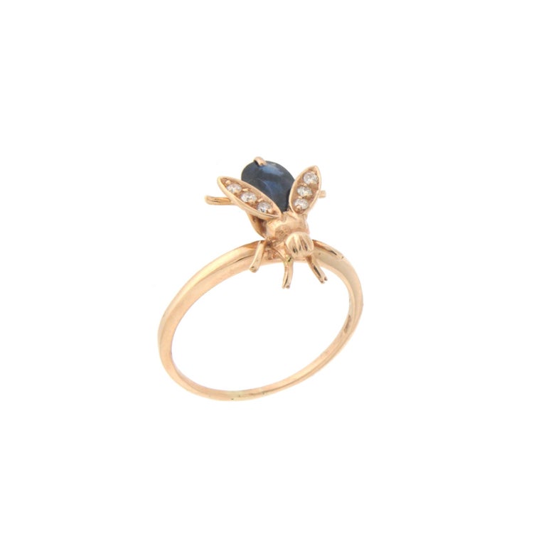 Handcraft Fly 14 Karat Yellow Gold Sapphire Diamonds Cocktail Ring For ...
