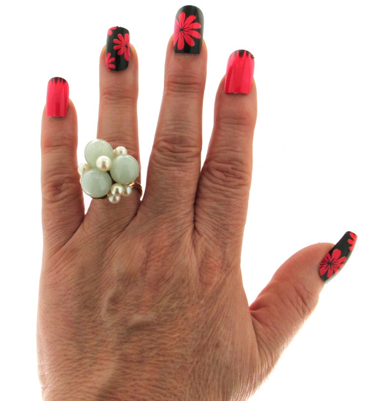 Handcraft Jade 14 Karat Yellow Gold Pearls Cocktail Ring For Sale at ...