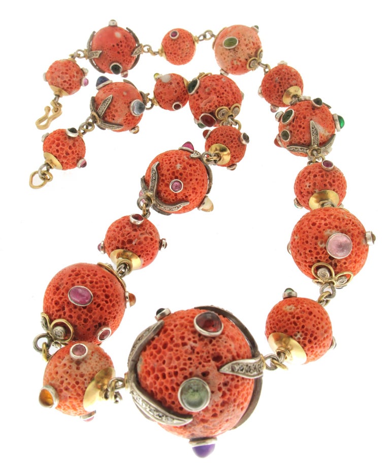 Handcraft Japanese Coral 18 Karat Gold Diamonds Necklace For Sale at ...