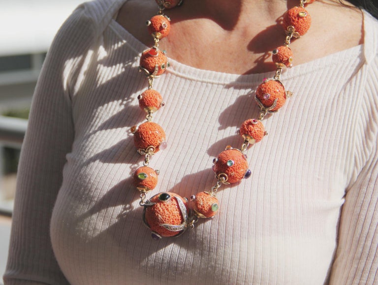 Handcraft Japanese Coral 18 Karat Gold Diamonds Necklace For Sale at ...