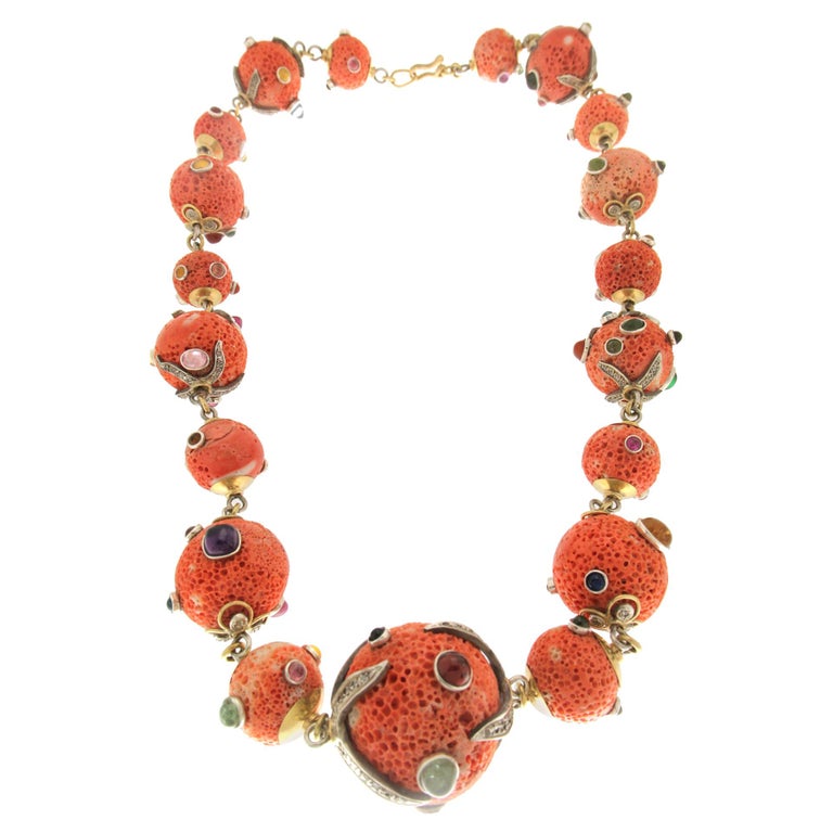 Handcraft Japanese Coral 18 Karat Gold Diamonds Necklace For Sale at ...