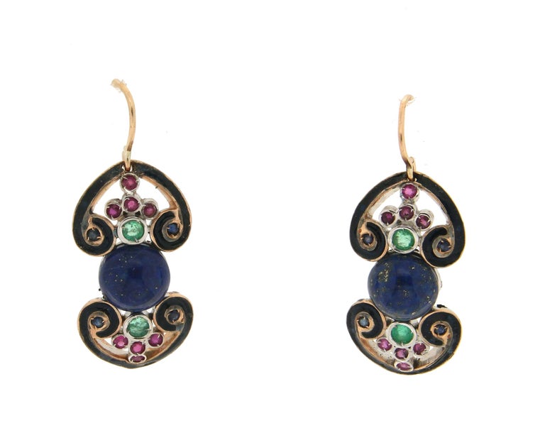 Handcraft Lapis 14 Karat Yellow Gold Ruby Emeralds and Sapphires Drop ...
