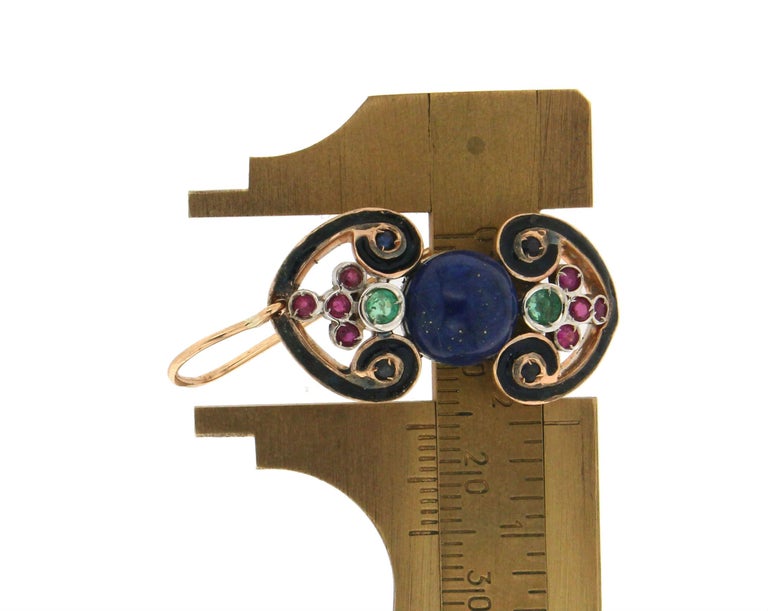 Handcraft Lapis 14 Karat Yellow Gold Ruby Emeralds and Sapphires Drop ...