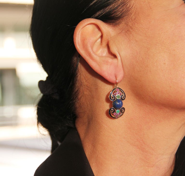 Handcraft Lapis 14 Karat Yellow Gold Ruby Emeralds and Sapphires Drop ...