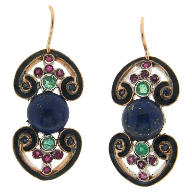 Handcraft Lapis 14 Karat Yellow Gold Ruby Emeralds and Sapphires Drop ...