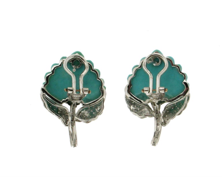 Handcraft Leaves Turquoise 14 Karat White Gold Diamonds Stud Earrings ...