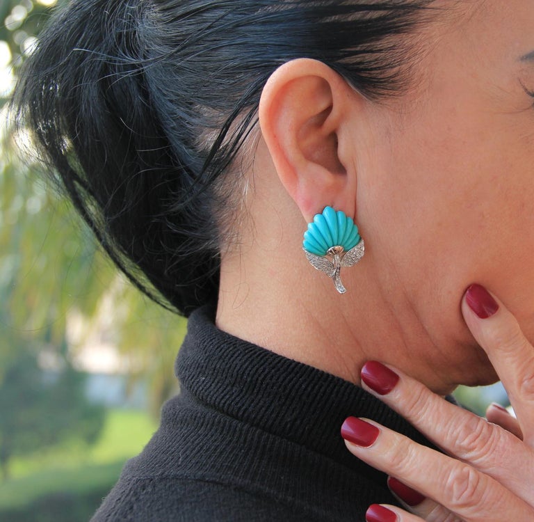 Handcraft Leaves Turquoise 14 Karat White Gold Diamonds Stud Earrings ...