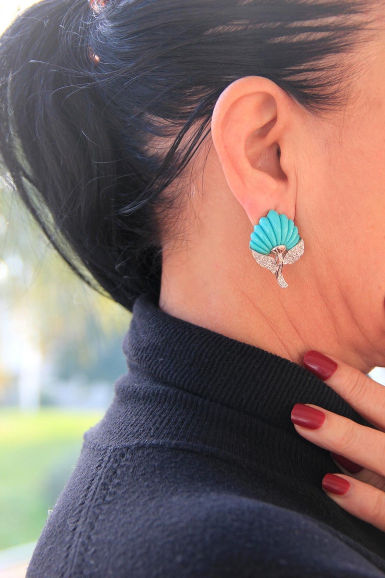 Handcraft Leaves Turquoise 14 Karat White Gold Diamonds Stud Earrings ...
