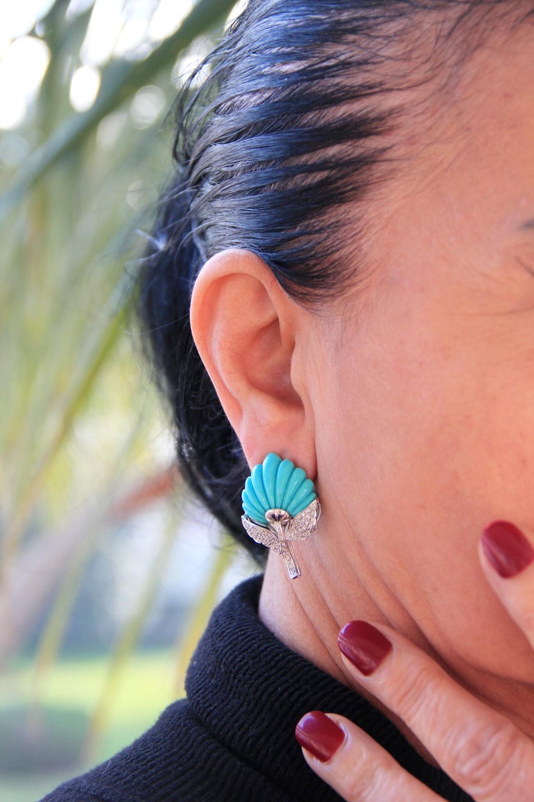 Handcraft Leaves Turquoise 14 Karat White Gold Diamonds Stud Earrings ...