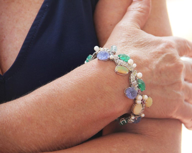 Handcraft Multi-Color 18 Karat White Gold Diamonds Cuff Bracelet For ...