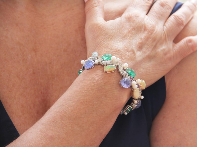 Handcraft Multi-Color 18 Karat White Gold Diamonds Cuff Bracelet For ...