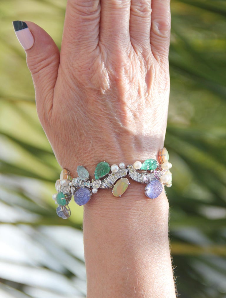 Handcraft Multi-Color 18 Karat White Gold Diamonds Cuff Bracelet For ...