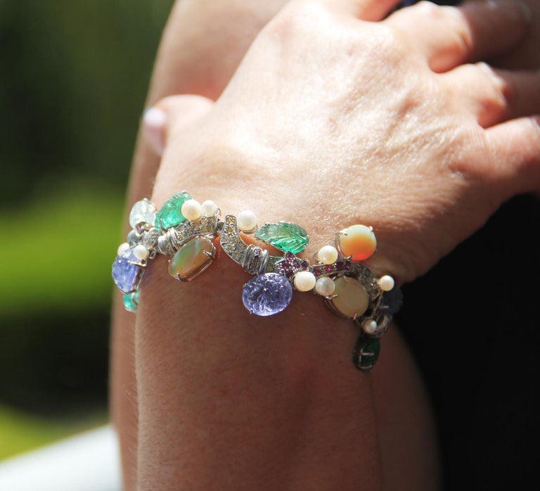 Handcraft Multi-Color 18 Karat White Gold Diamonds Cuff Bracelet For ...