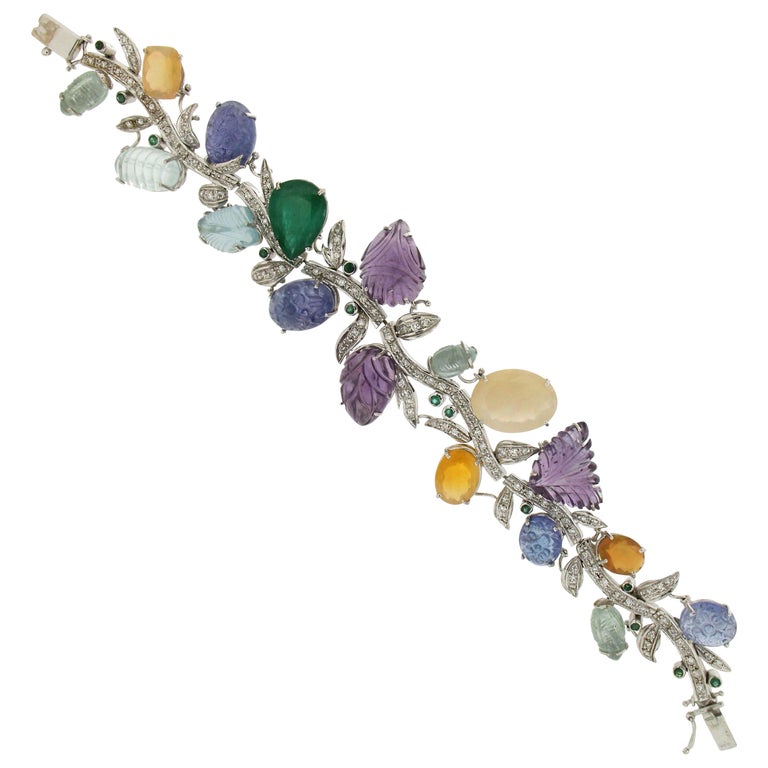 Handcraft Multi-Color 18 Karat White Gold Diamonds Cuff Bracelet For ...