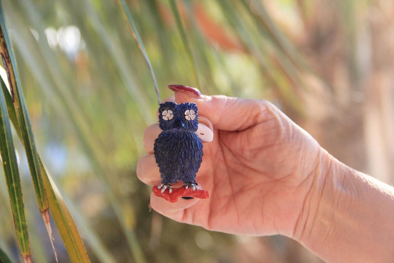 Handcraft Owl Lapis 18 Karat White Gold Diamonds and Coral Brooch For ...