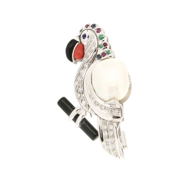 Handcraft Parrot 18 Karat White Gold Diamonds Precious Stones Brooch ...