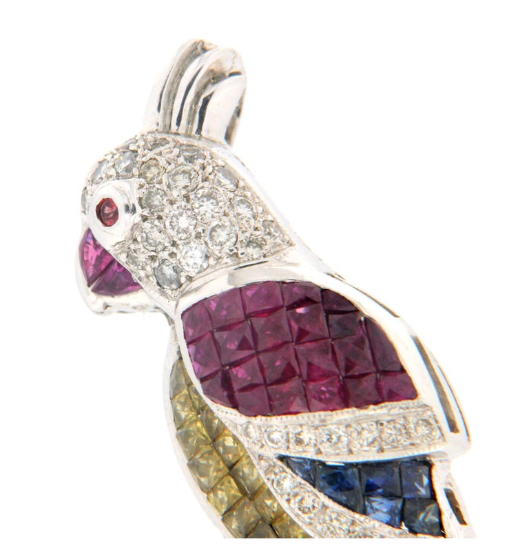 Handcraft Parrot 18 karat White Gold Diamonds Sapphires Brooch For Sale ...
