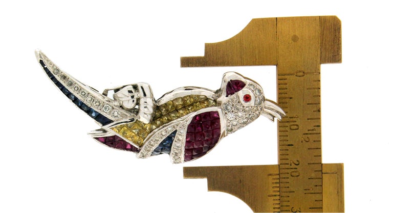 Handcraft Parrot 18 karat White Gold Diamonds Sapphires Brooch For Sale ...
