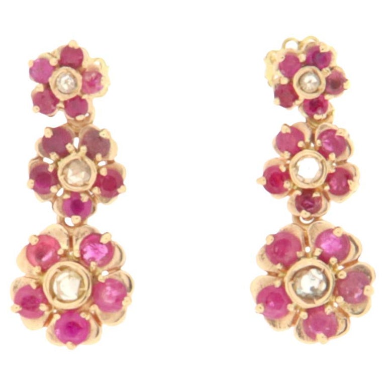 Handcraft Rubies 14 Karat Yellow Gold Diamonds Drop Earrings For Sale ...