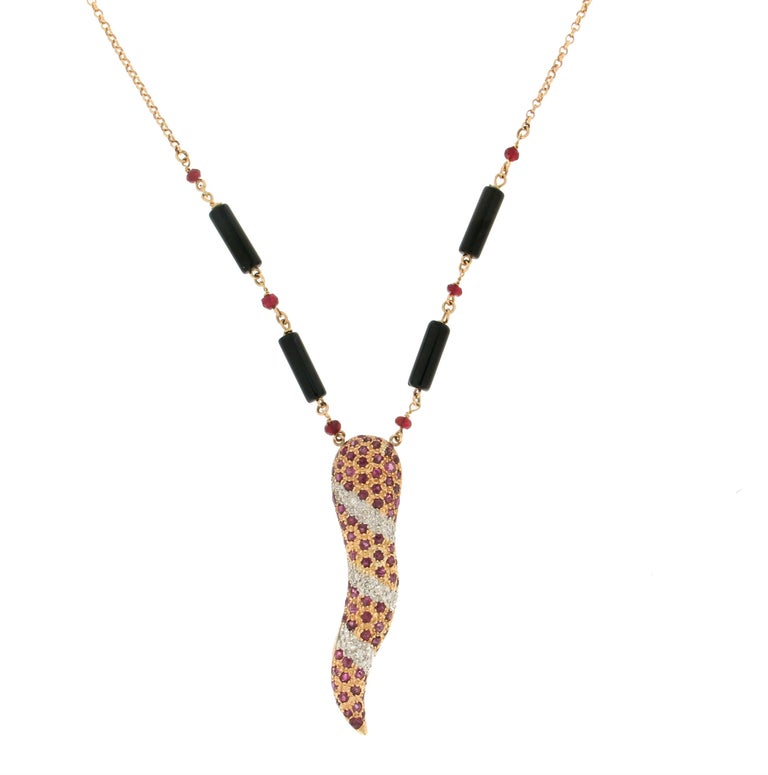 Handcraft Ruby 18 Karat Gold Diamonds Onyx Pendant Necklace For Sale ...