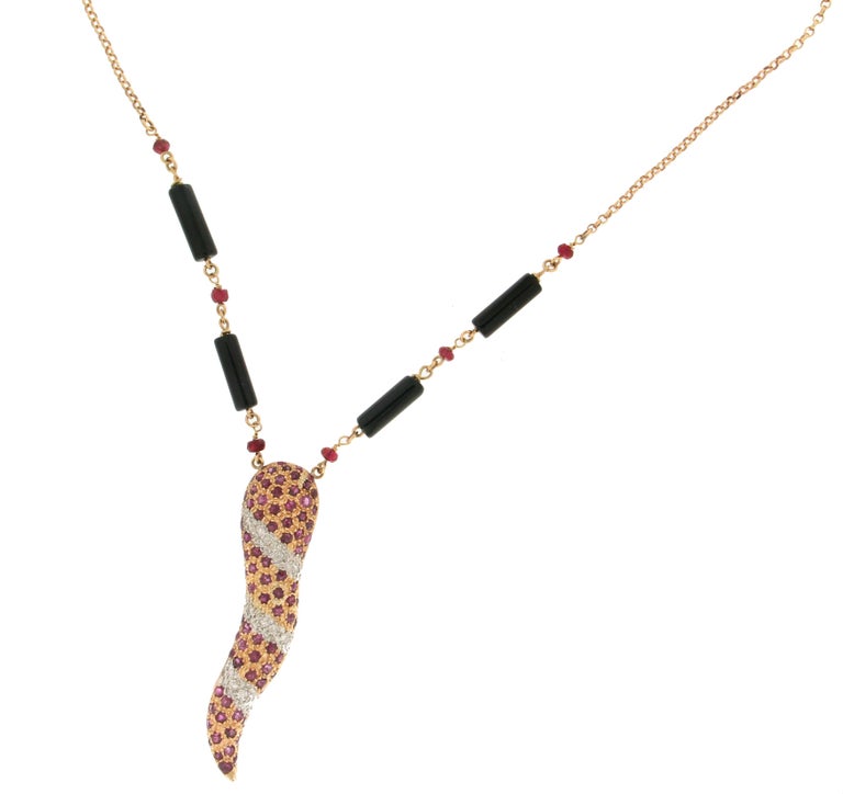 Handcraft Ruby 18 Karat Gold Diamonds Onyx Pendant Necklace For Sale ...