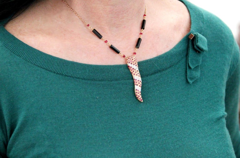 Handcraft Ruby 18 Karat Gold Diamonds Onyx Pendant Necklace For Sale ...