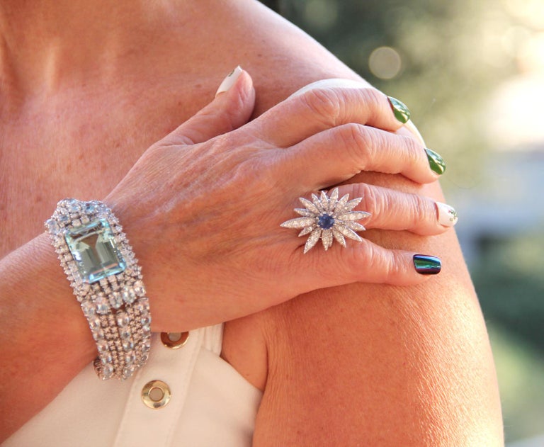 Handcraft Sapphire 18 Karat White Gold Diamonds Cocktail Ring For Sale ...