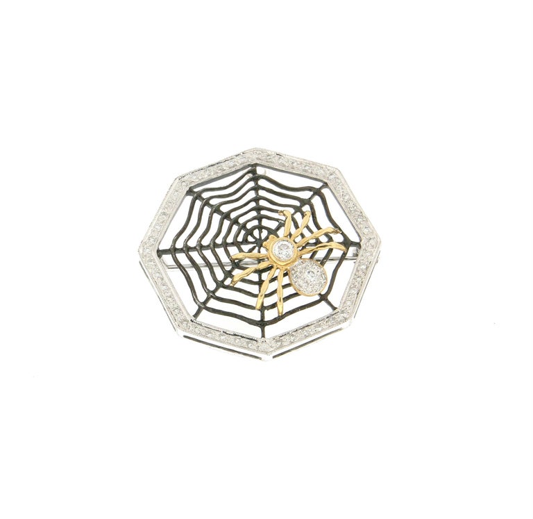 Handcraft Spider Web 18 Karat White and Yellow Gold Diamonds Brooch For ...