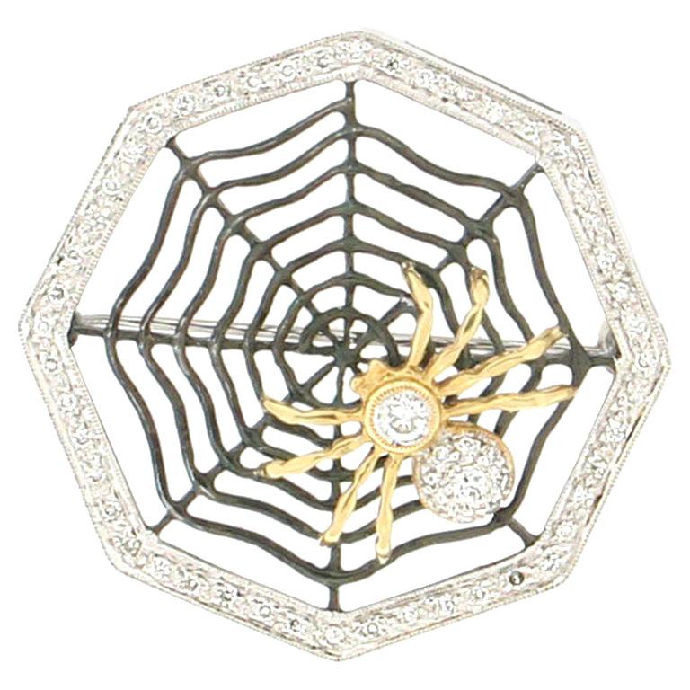 Handcraft Spider Web 18 Karat White and Yellow Gold Diamonds Brooch For ...