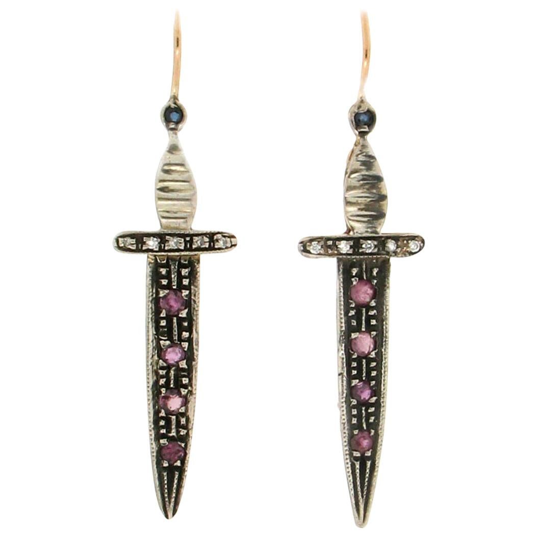 Handcraft Swords 14 Karat Yellow Gold and Silver Ruby Diamonds Drop ...