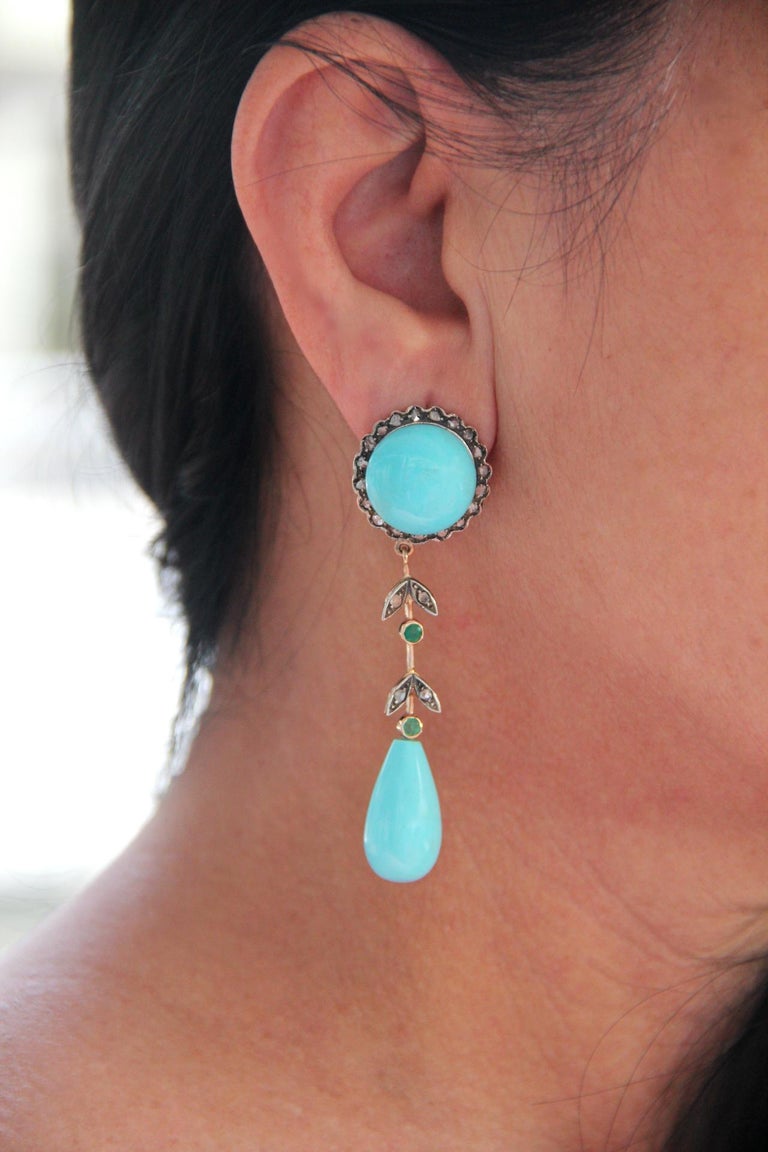Handcraft Turquoise 14 Karat Yellow Gold Diamonds EmeraldsDrop Earrings ...