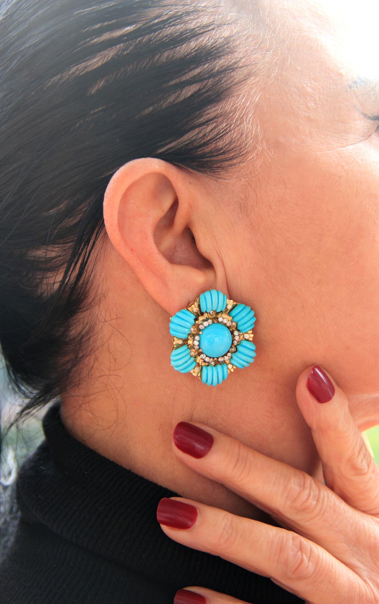 Handcraft Turquoise 18 Karat Yellow Gold Diamonds Stud Earrings at 1stDibs