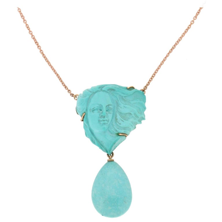 Handcraft Turquoise Cameo 14 Karat Yellow Gold Pendant Necklace For ...
