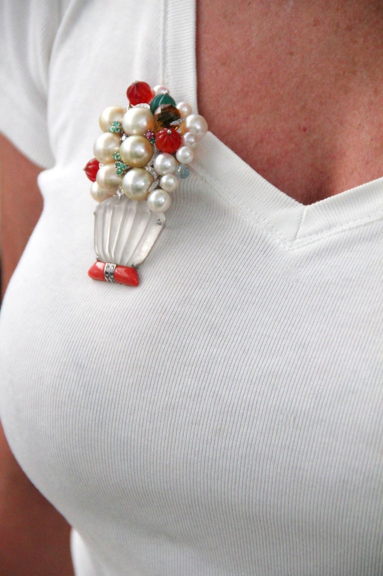 Handcraft Vase 18 Karat White Gold Coral Rock Crystal Pearls Diamonds ...