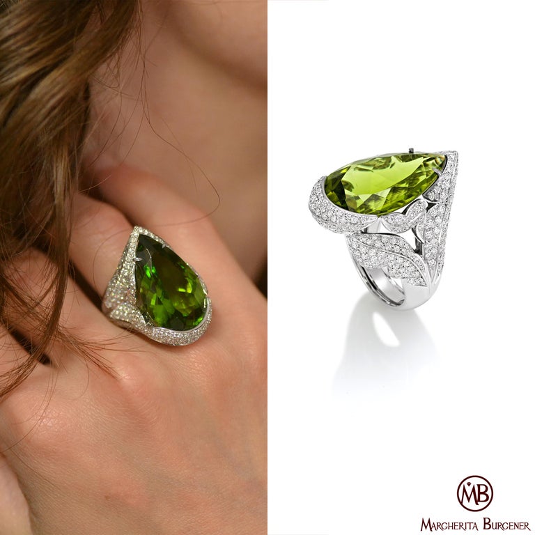 Unique Peridot Diamond Pave' 18KT White Gold Made in Italy Ring For ...