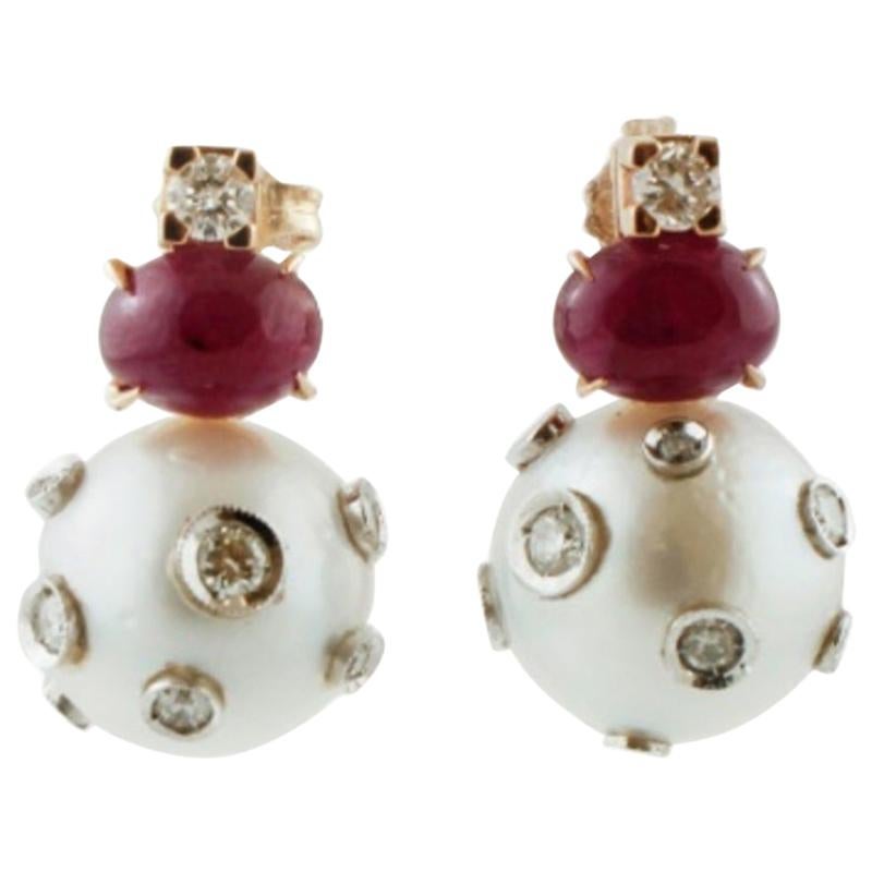 Gorgeous Pearl Ruby Gold Dangle Earrings For Sale at 1stDibs