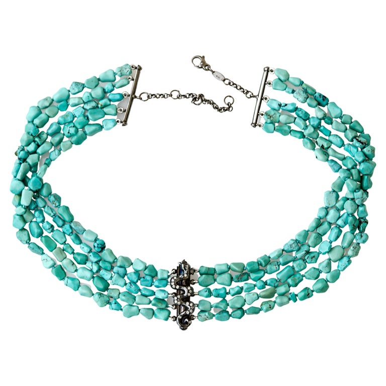 Handcrafted Dragon Choker Turquoise Beads Gray Diamonds Rossella ...
