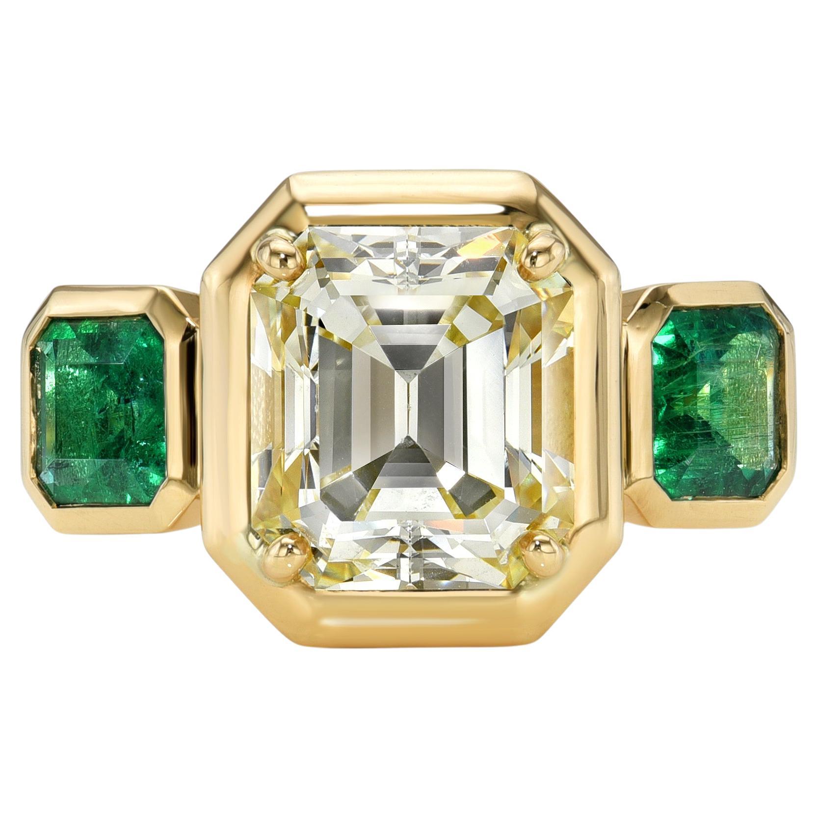 Handcrafted Gloria Asscher Cut Diamond and Green Emerald Ring by Single ...