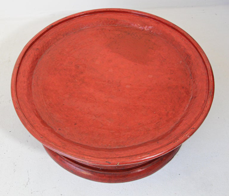Handcrafted Lacquered Red Thai Stand Large Wooden Tray For Sale at 1stDibs