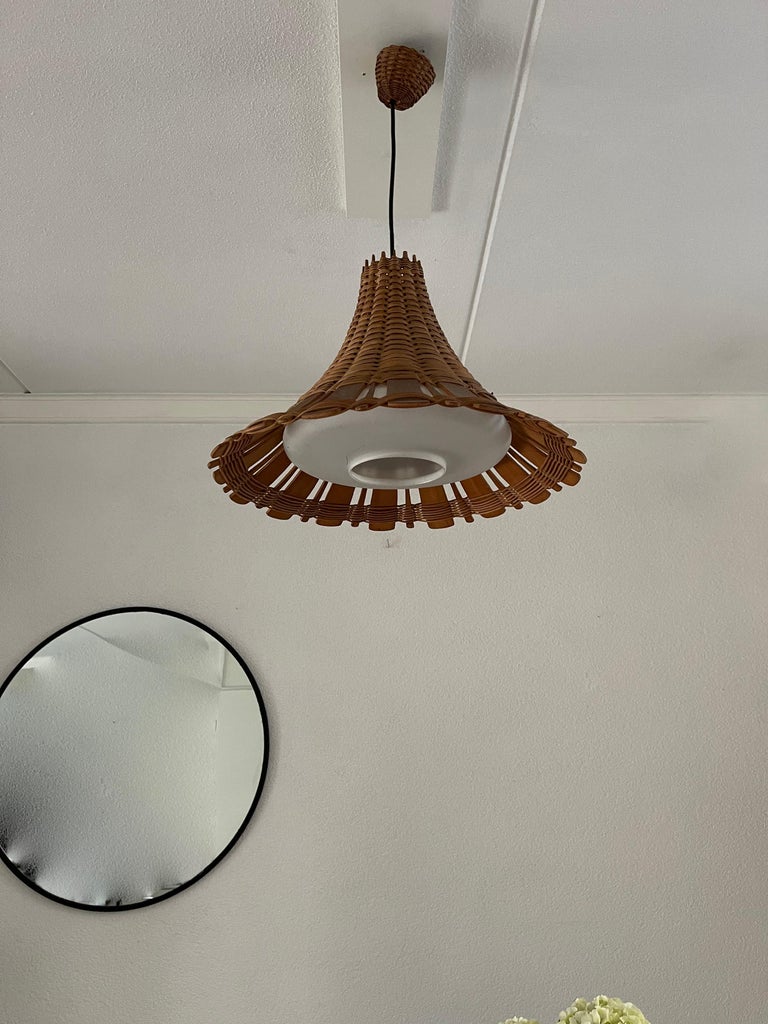 Handcrafted Mid-Century Modern Wicker, Rattan and Milk Glass Shade ...