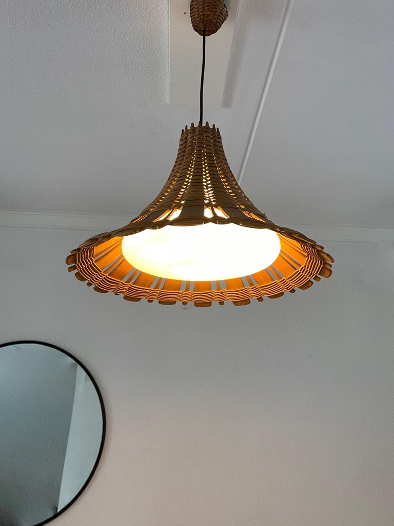 Handcrafted Mid-Century Modern Wicker, Rattan and Milk Glass Shade ...