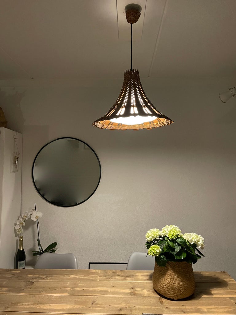 Handcrafted Mid-Century Modern Wicker, Rattan and Milk Glass Shade ...