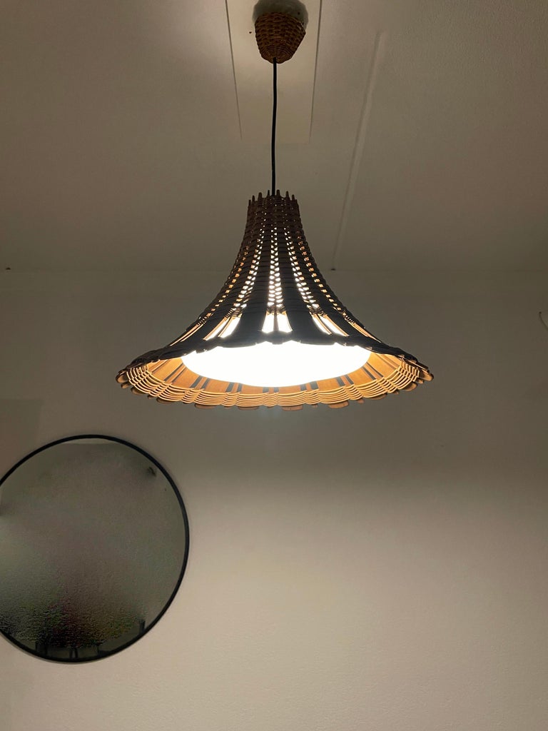 Handcrafted Mid-Century Modern Wicker, Rattan and Milk Glass Shade ...