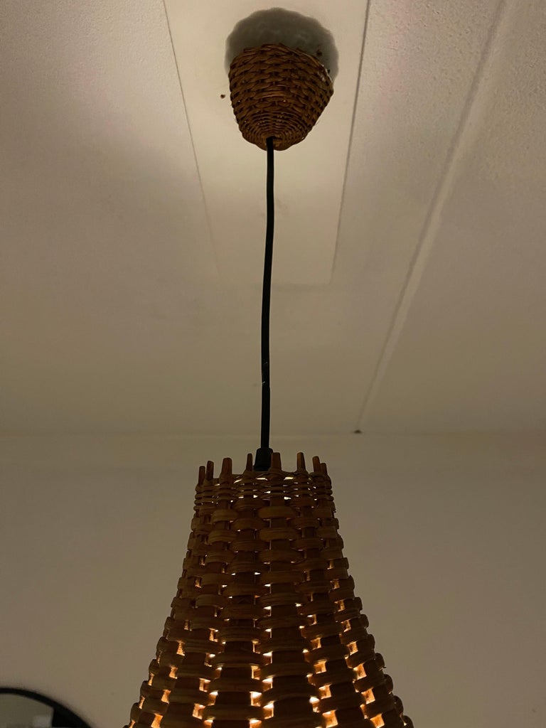 Handcrafted Mid-Century Modern Wicker, Rattan and Milk Glass Shade ...