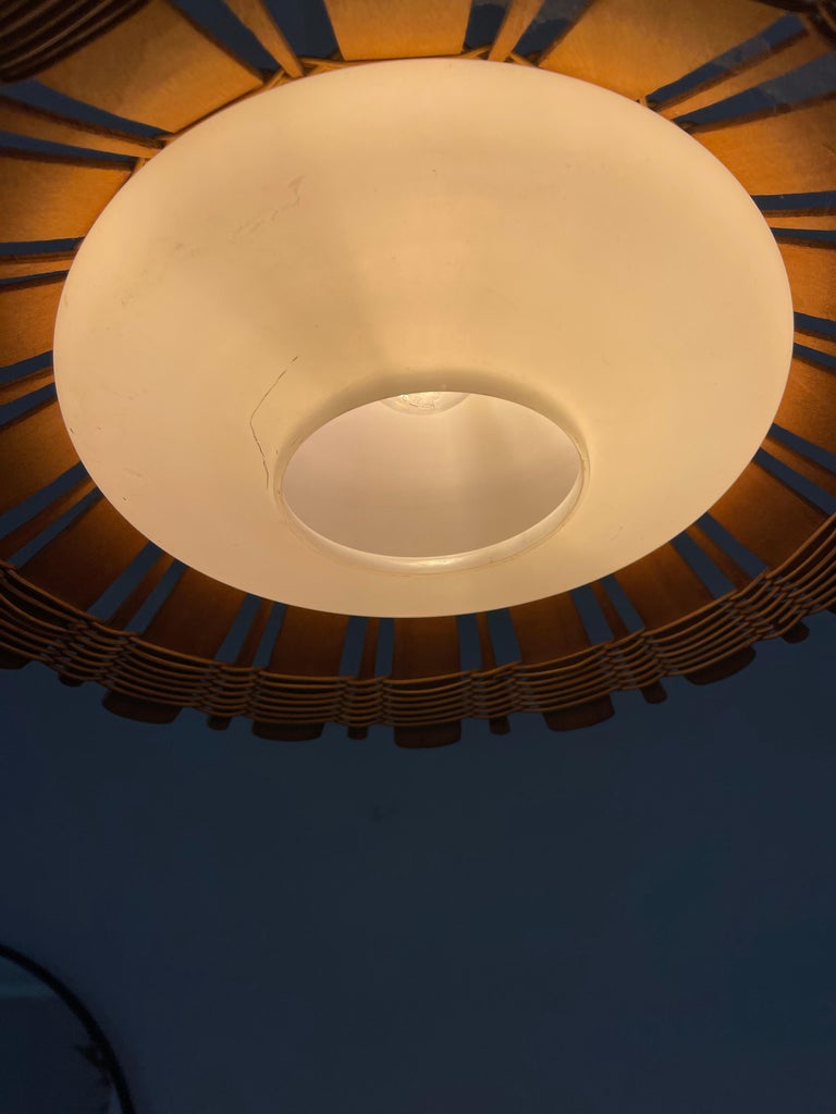 Handcrafted Mid-Century Modern Wicker, Rattan and Milk Glass Shade ...