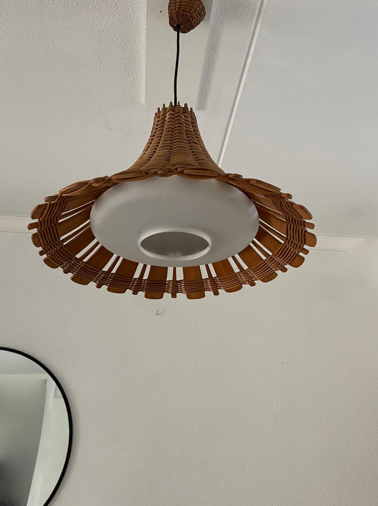 Handcrafted Mid-Century Modern Wicker, Rattan and Milk Glass Shade ...