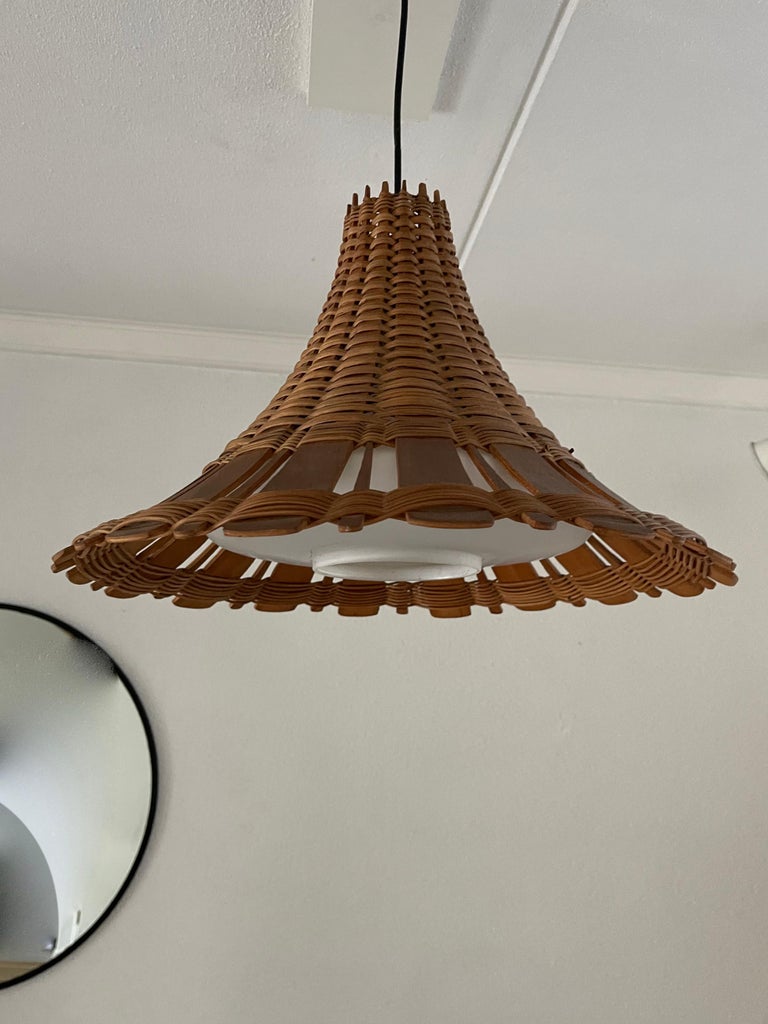 Handcrafted Mid-Century Modern Wicker, Rattan and Milk Glass Shade ...