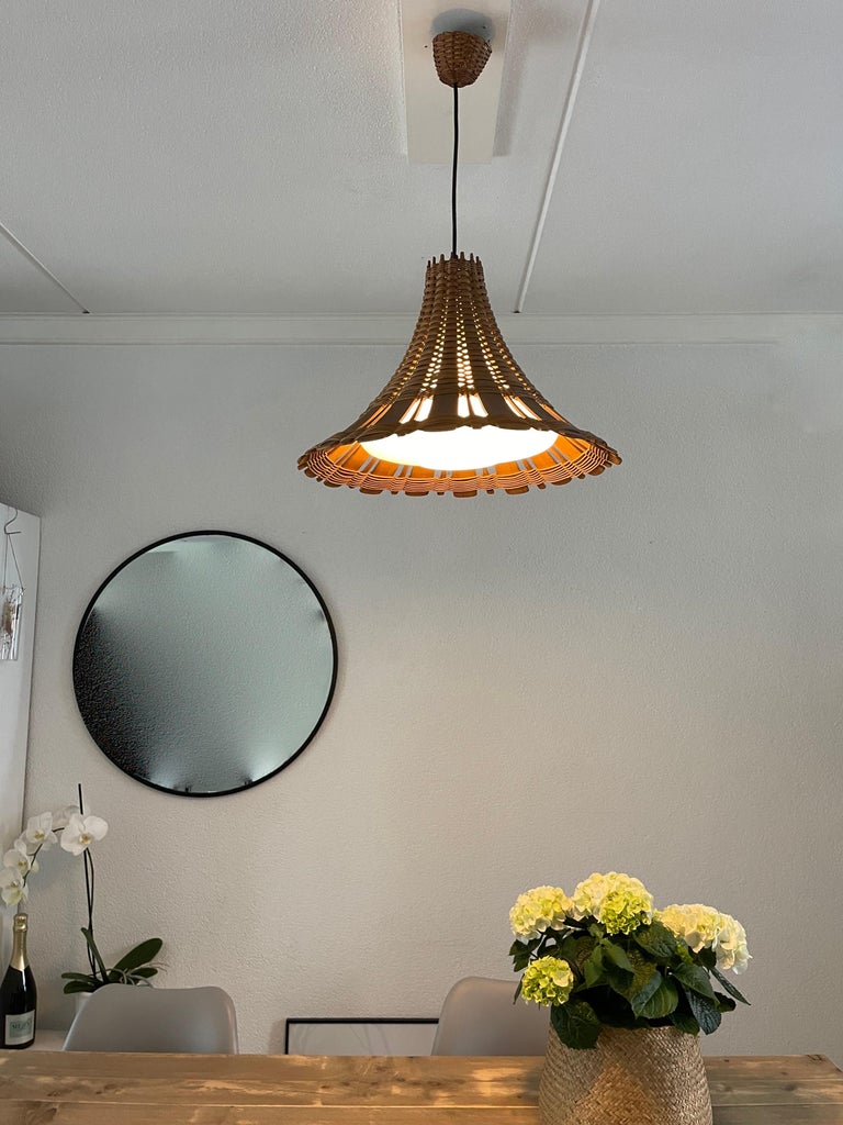 Handcrafted Mid-Century Modern Wicker, Rattan and Milk Glass Shade ...