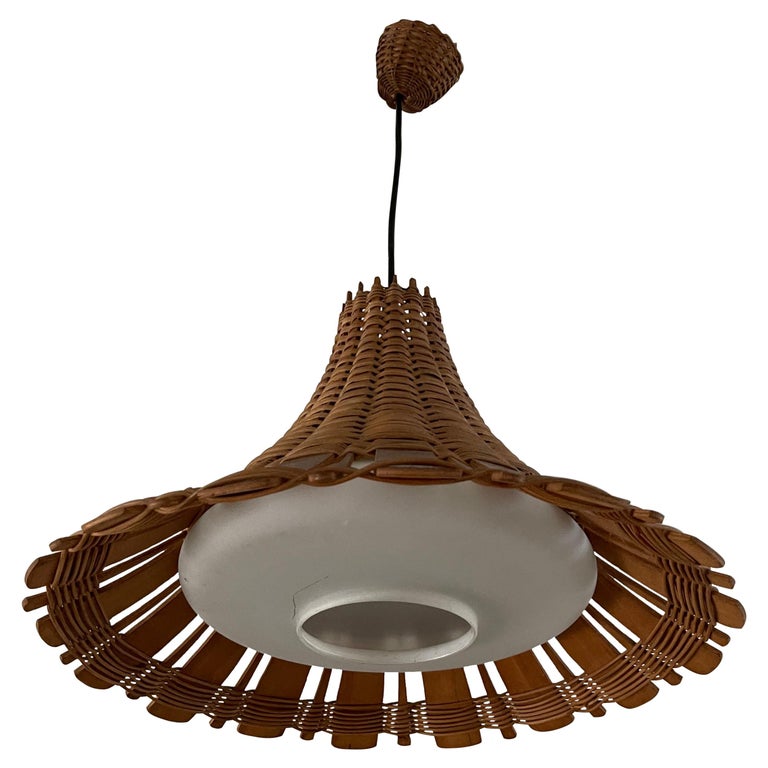 Handcrafted Mid-Century Modern Wicker, Rattan and Milk Glass Shade ...
